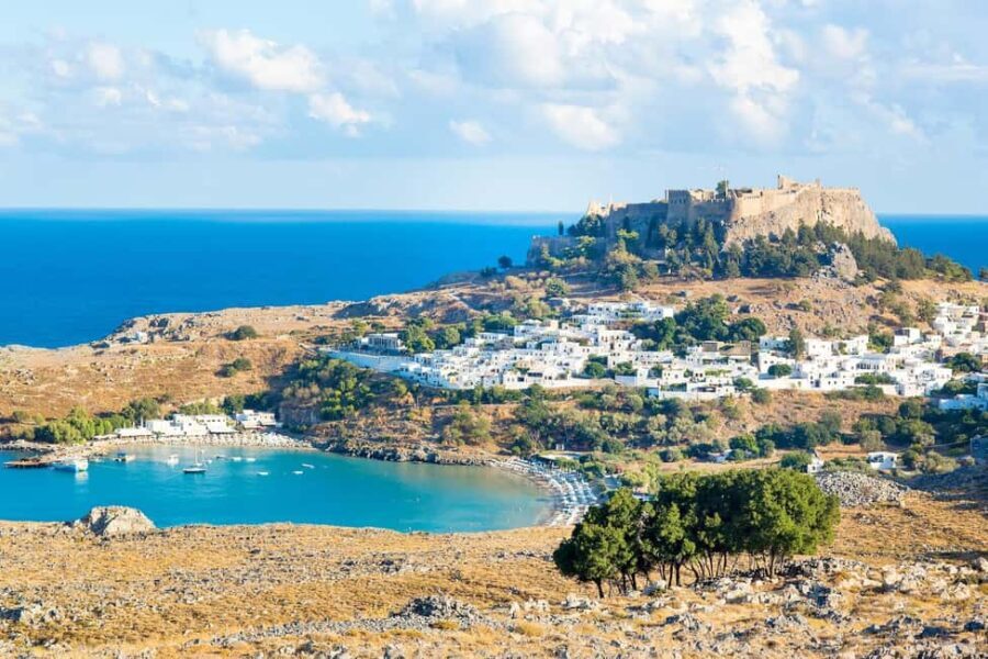Lindos evening from Kalithea, Faliraki, Afandou, or Kolymbia