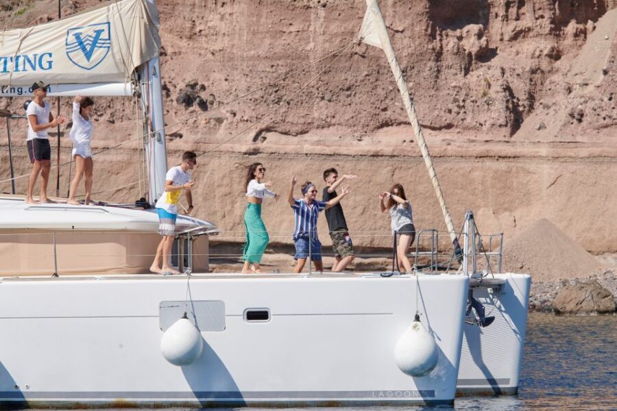 Santorini Gold Catamaran Cruise with Snorkel, BBQ & Open Bar