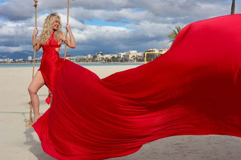 Flying Dress Photo Shoot in Mallorca  elegant pictures by the sea, cathedral